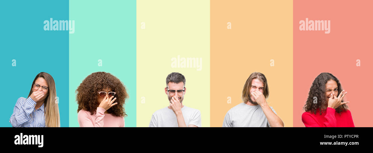Collage of group of young people over colorful vintage isolated ...
