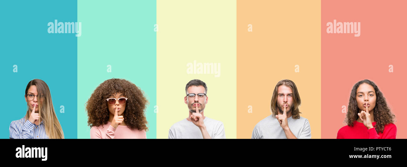 Collage of group of young people over colorful vintage isolated ...