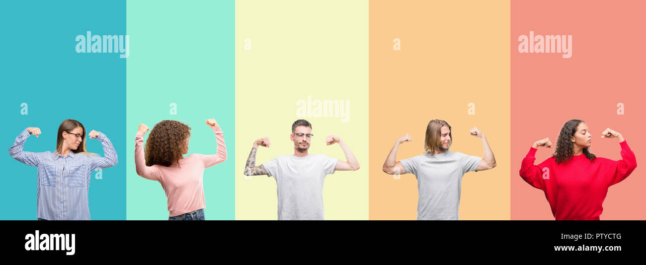 Collage of group of young people over colorful vintage isolated ...