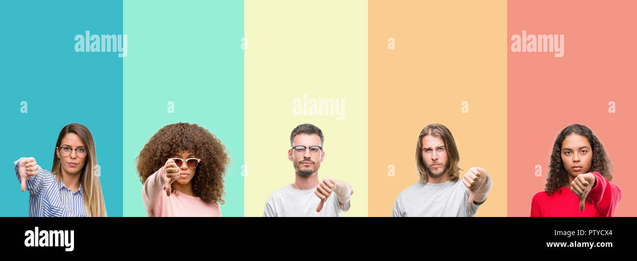 Collage of group of young people over colorful vintage isolated ...