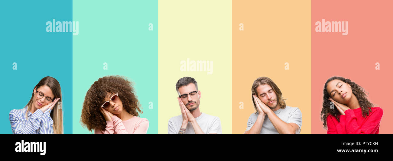 Collage of group of young people over colorful vintage isolated ...