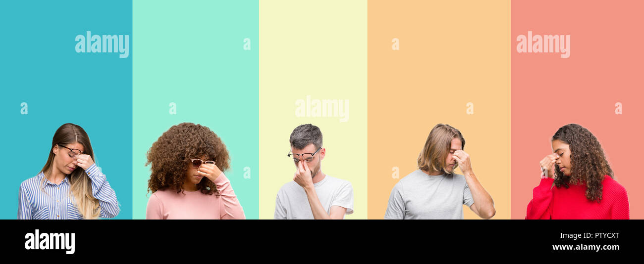 Collage of group of young people over colorful vintage isolated ...