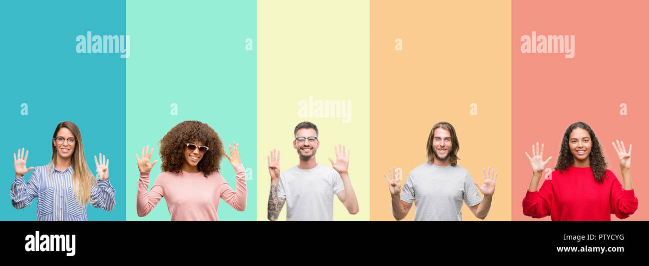 Collage of group of young people over colorful vintage isolated ...