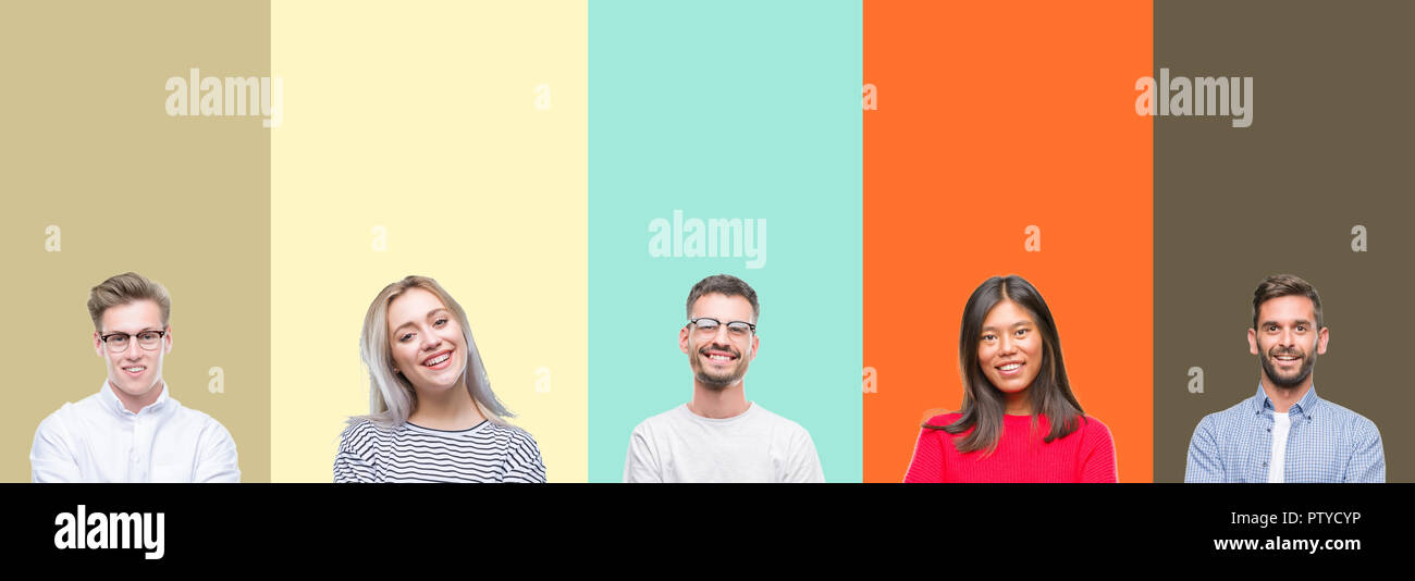 Collage of group of young people over colorful isolated background ...