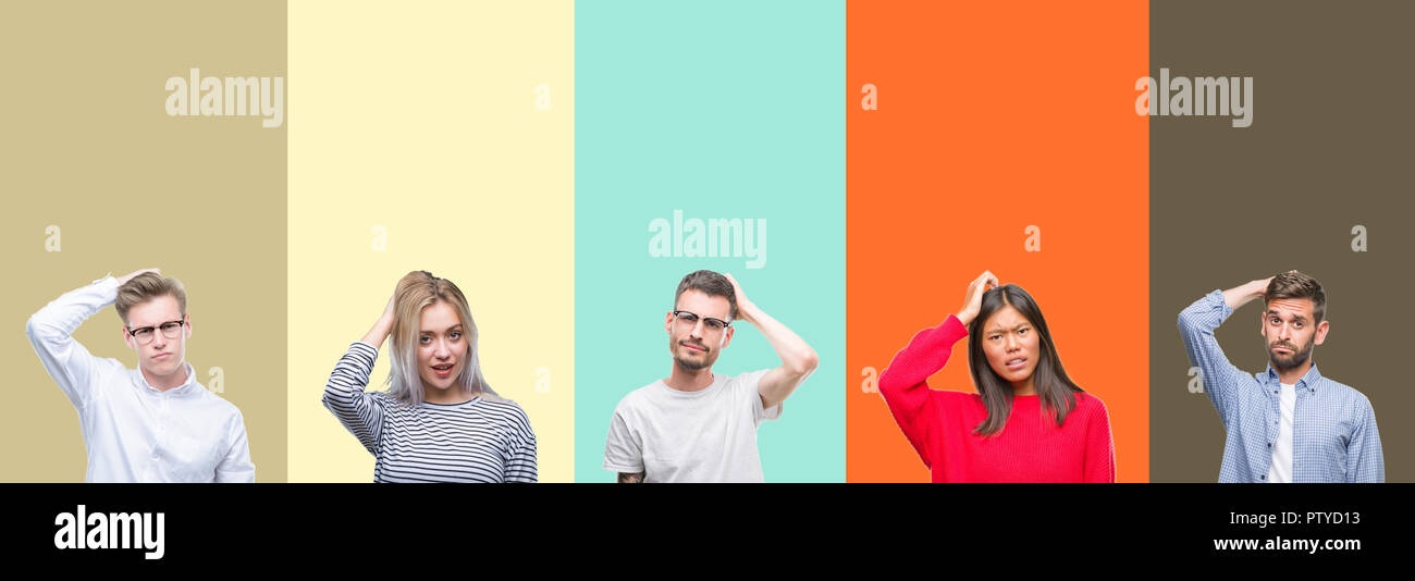 Collage of group of young people over colorful isolated background ...