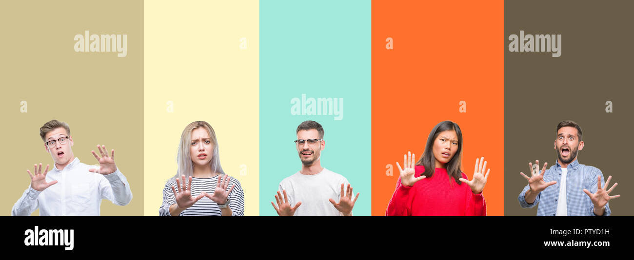 Collage of group of young people over colorful isolated background ...