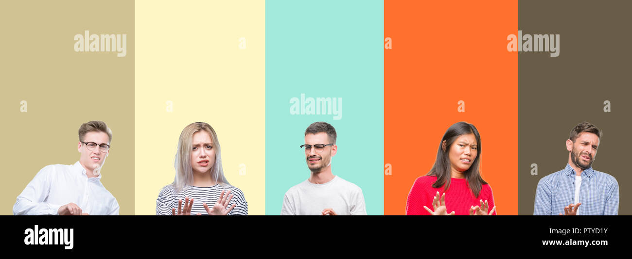 Collage of group of young people over colorful isolated background ...