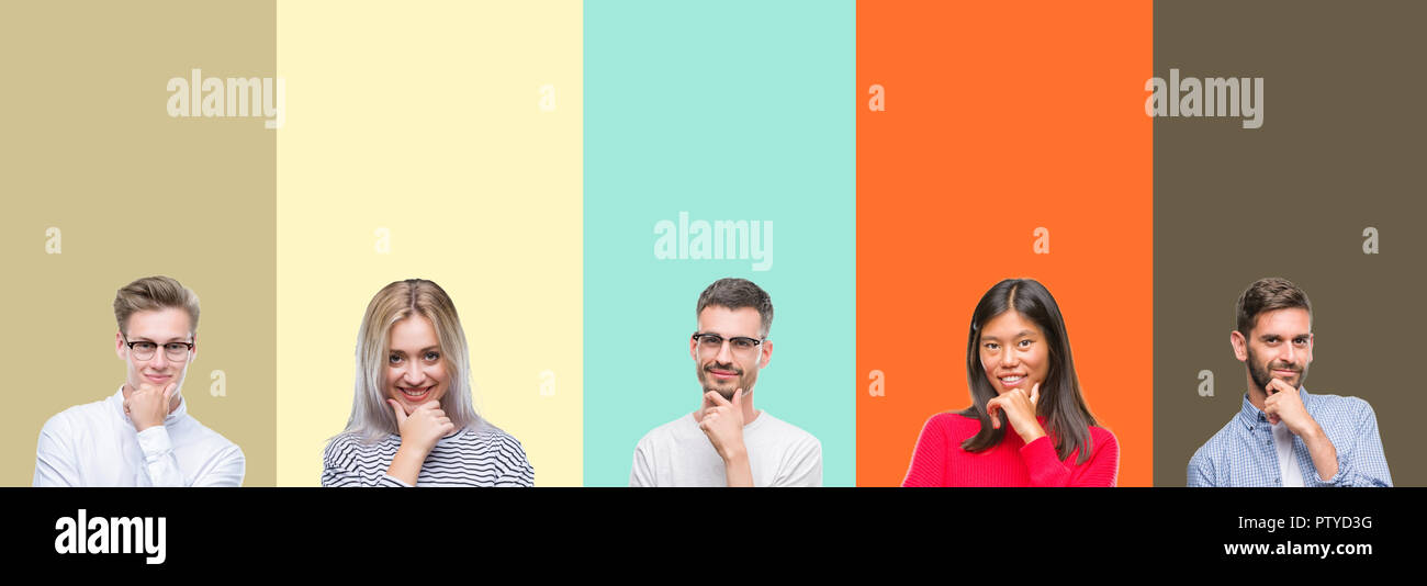 Collage of group of young people over colorful isolated background ...