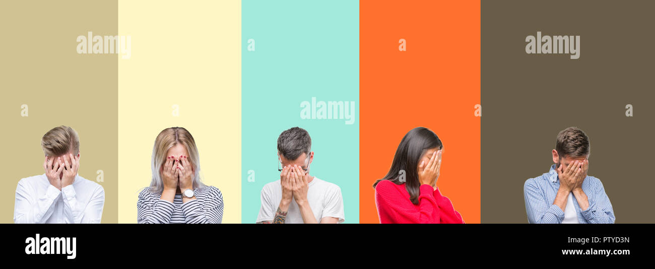 Collage of group of young people over colorful isolated background with ...