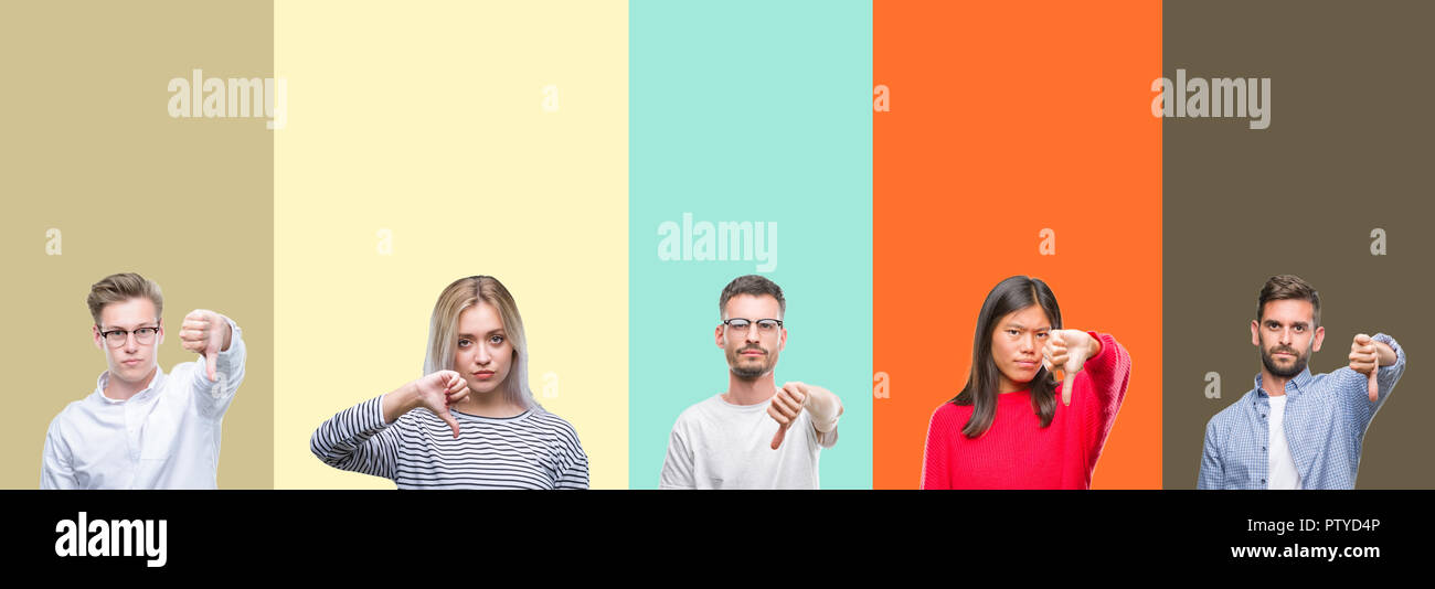 Collage of group of young people over colorful isolated background ...