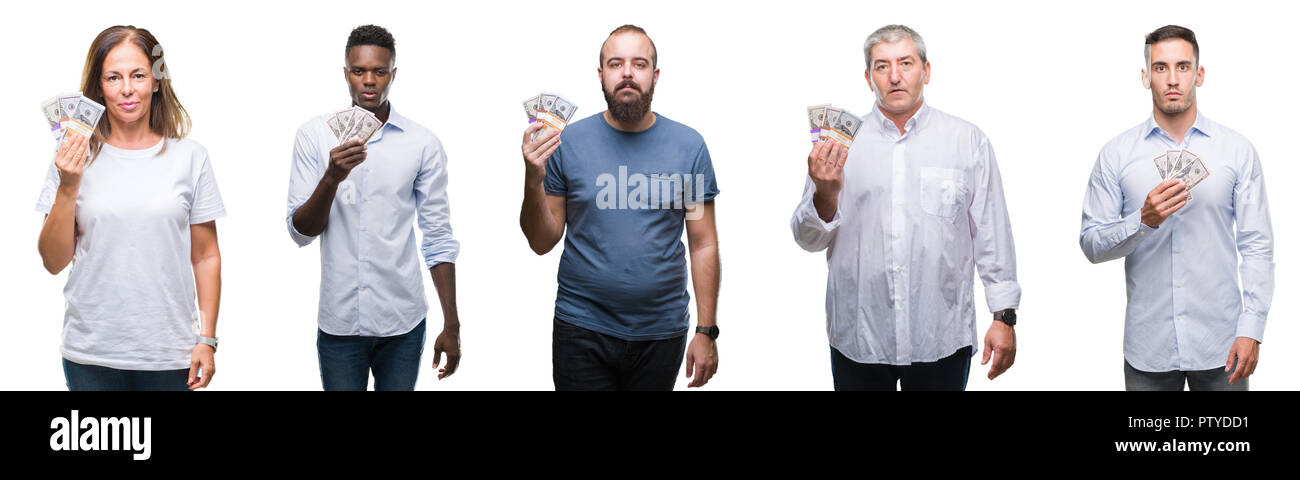 Collage of group of business people holding bunch of dollars cash over ...