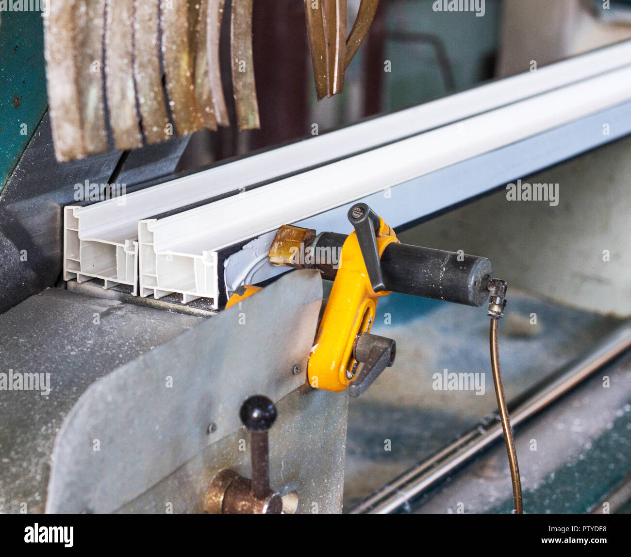 Production of PVC windows, a section of PVC plastic profile on the ...