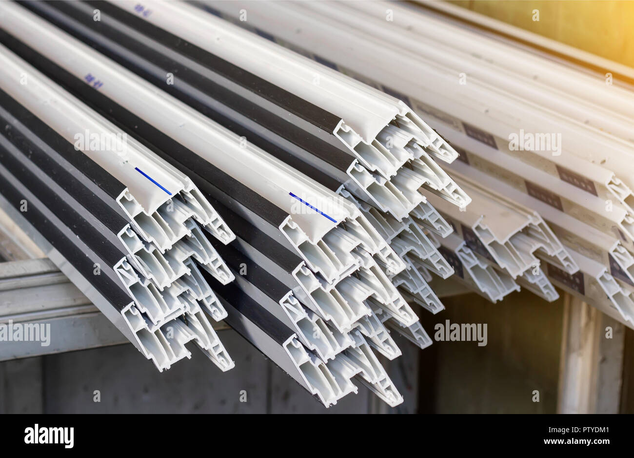 Production of pvc windows, plastic pvc profile lies on the table, close ...