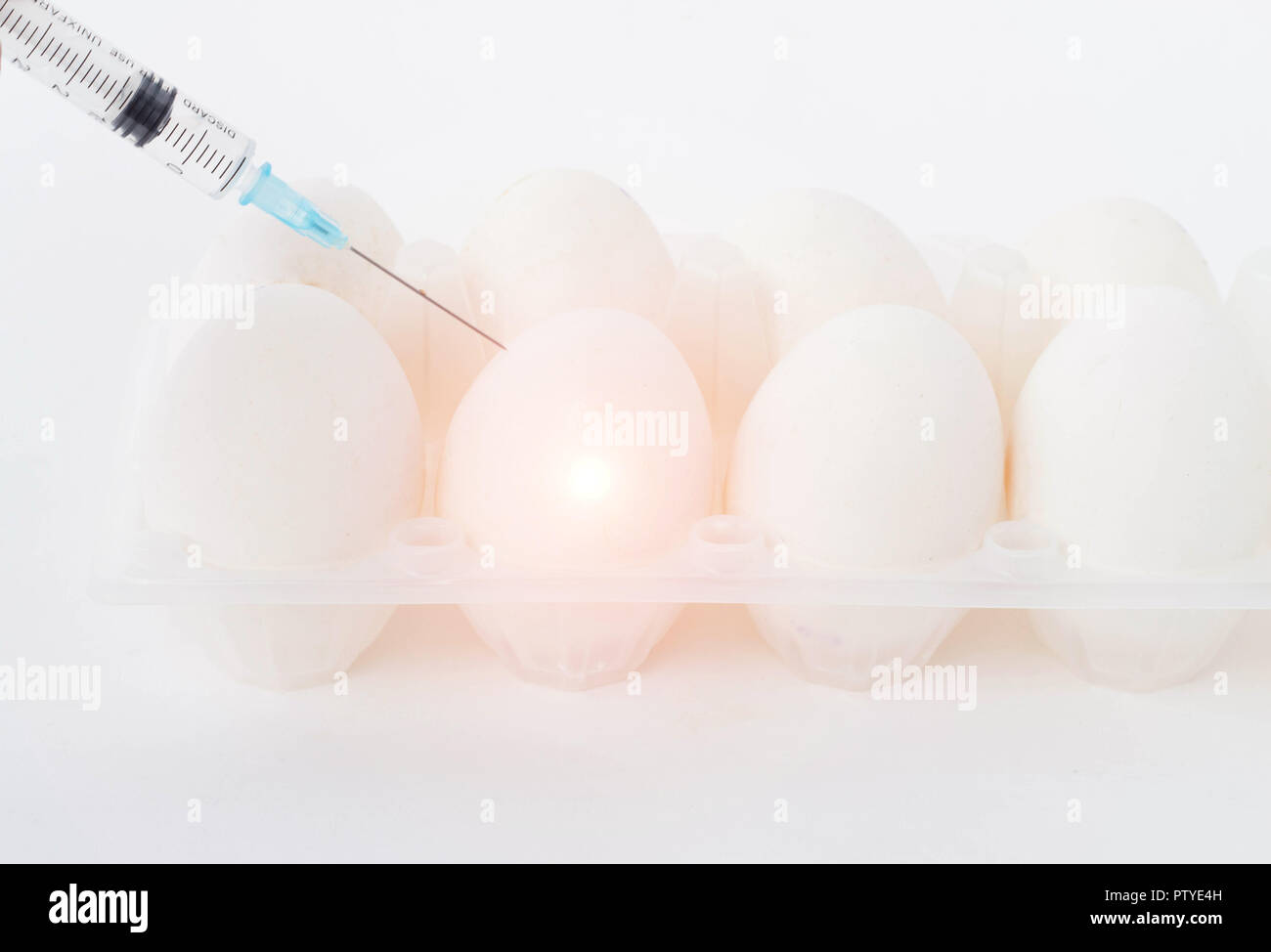 In an egg on a white background, a syringe is injected with a hormone ...