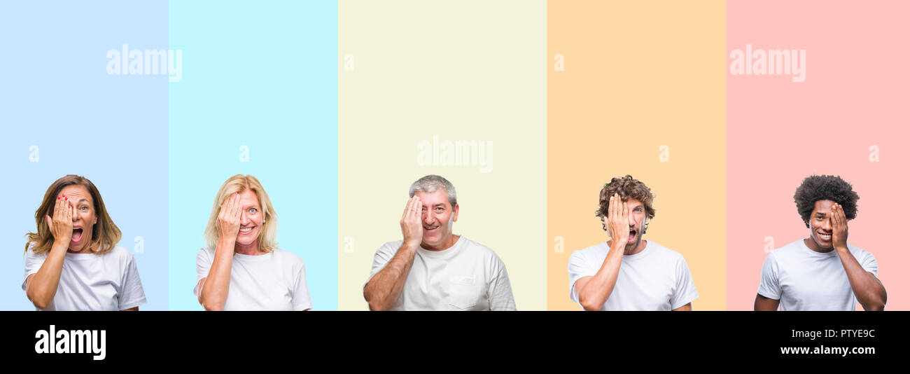 Collage of group of young and middle age people wearing white t-shirt ...