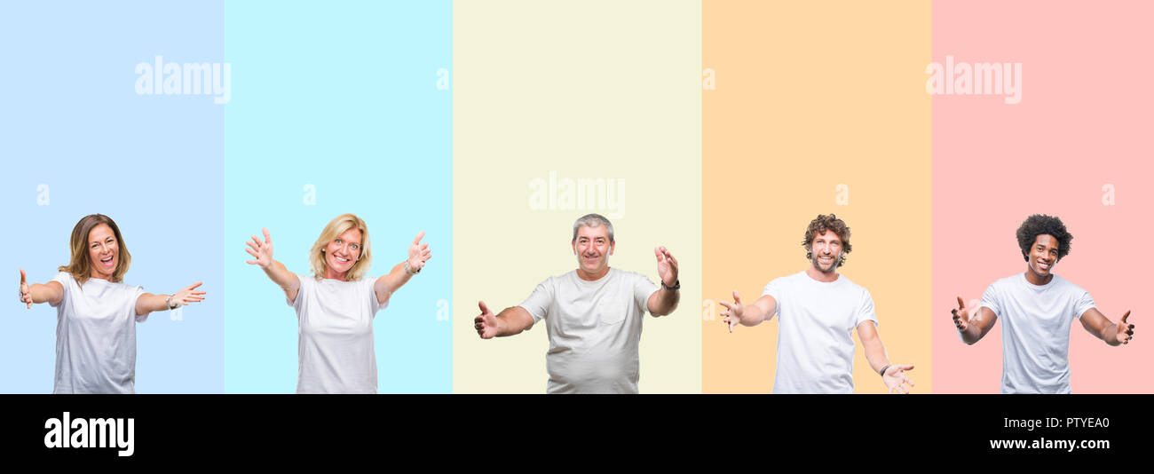 Collage of group of young and middle age people wearing white t-shirt ...