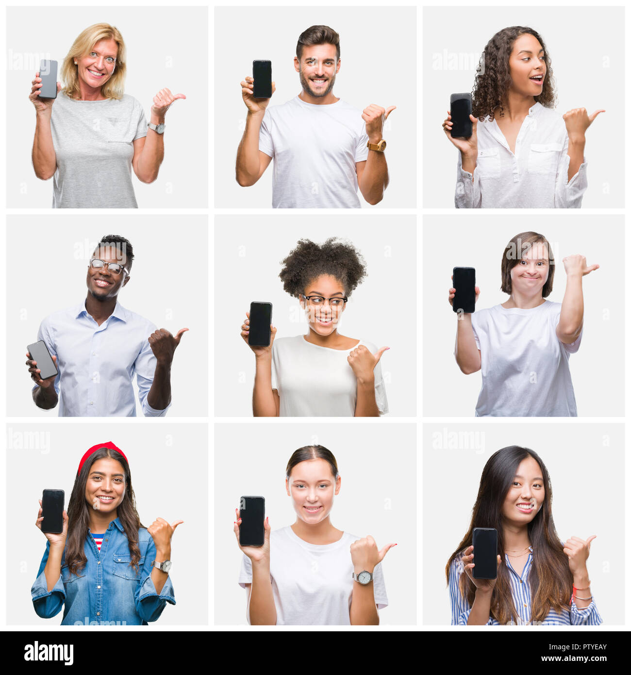 Collage of group of young people showing screen of smartphone over ...