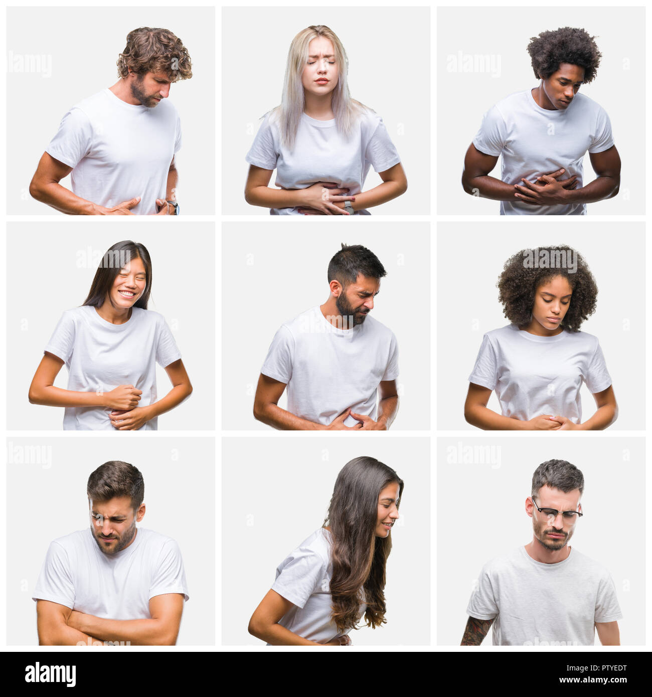 Collage of group of people wearing casual white t-shirt over isolated ...