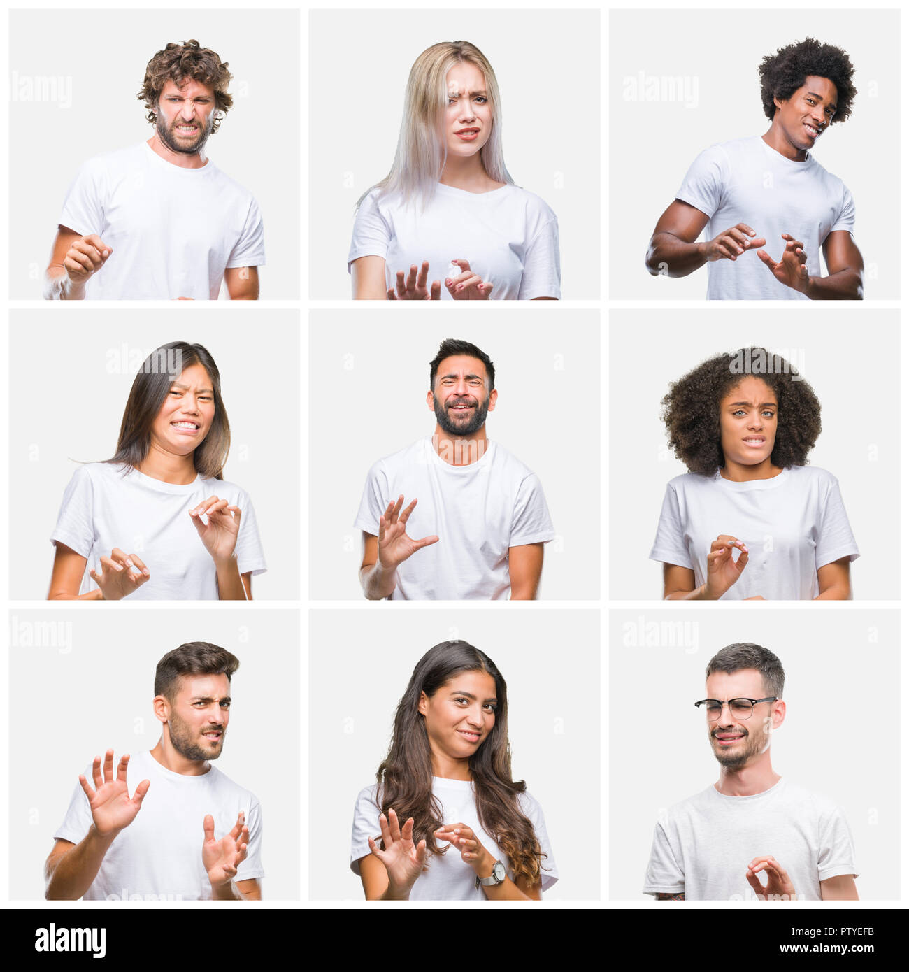 Collage of group of people wearing casual white t-shirt over isolated ...