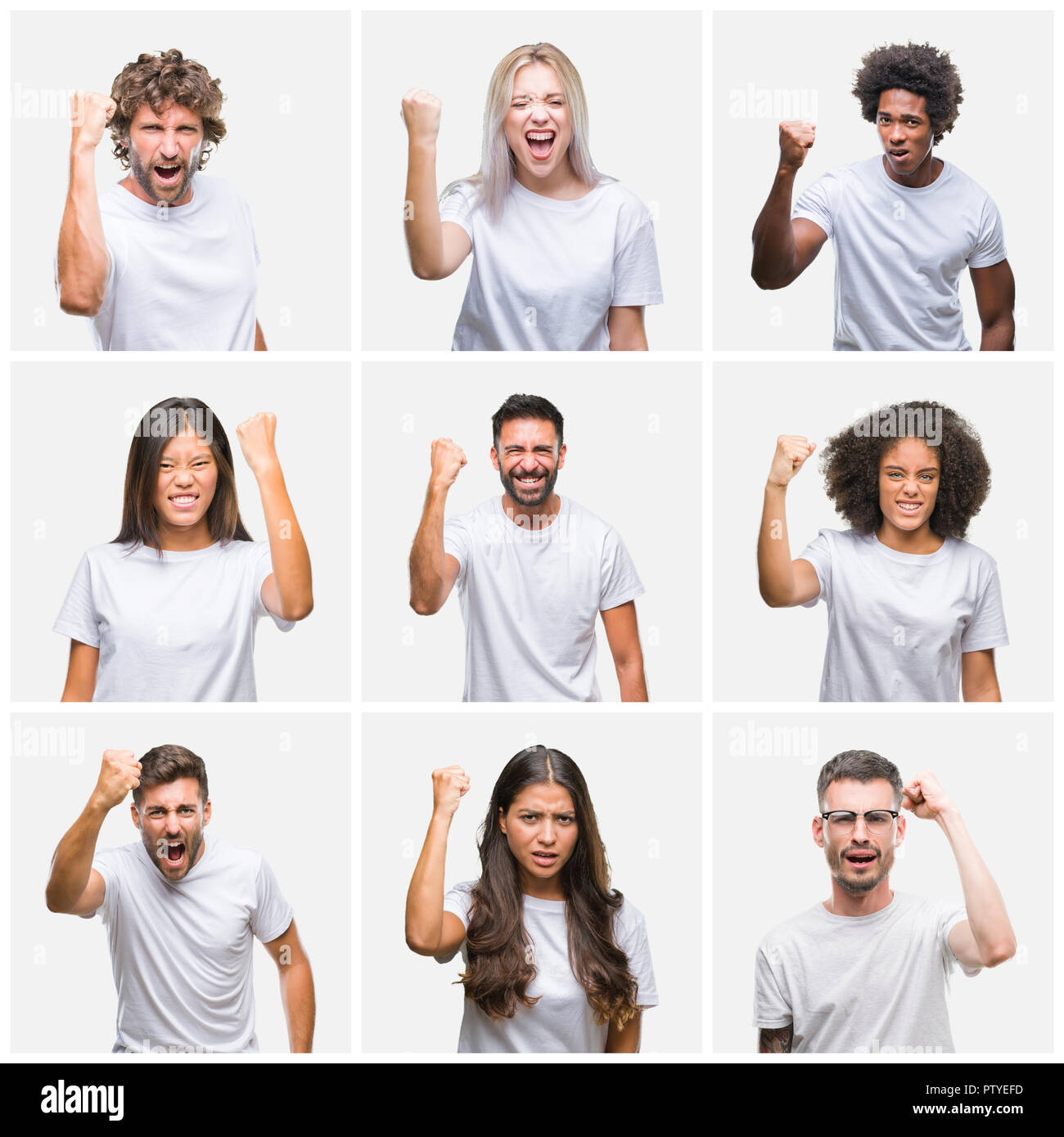 Collage of group of people wearing casual white t-shirt over isolated ...