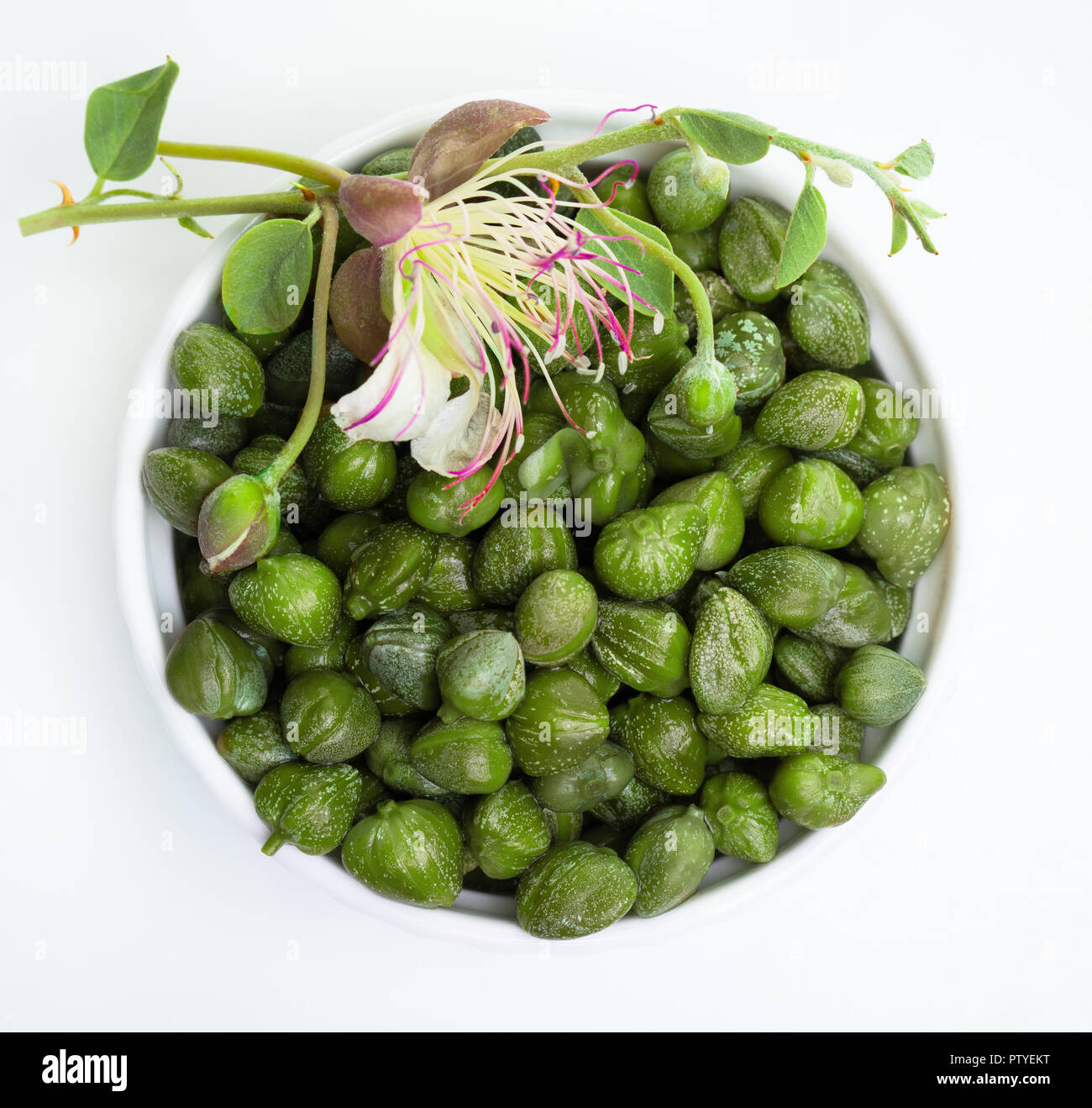 Capers in bowl on white, top view. Caper with green leaves and flower ...