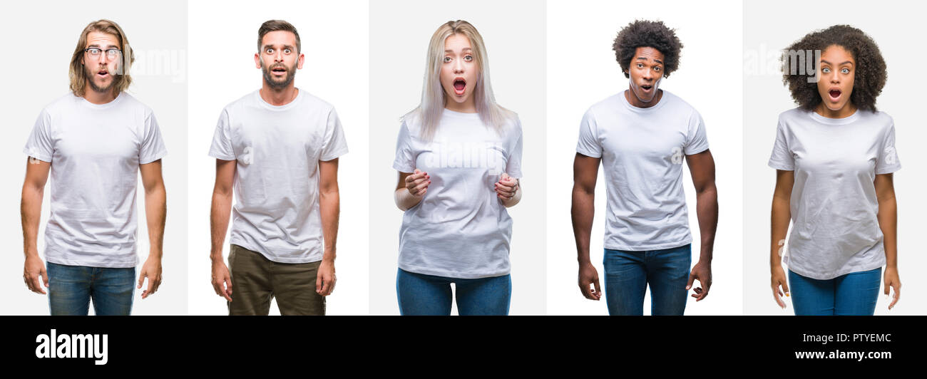 Collage of group of young people wearing white t-shirt over isolated ...