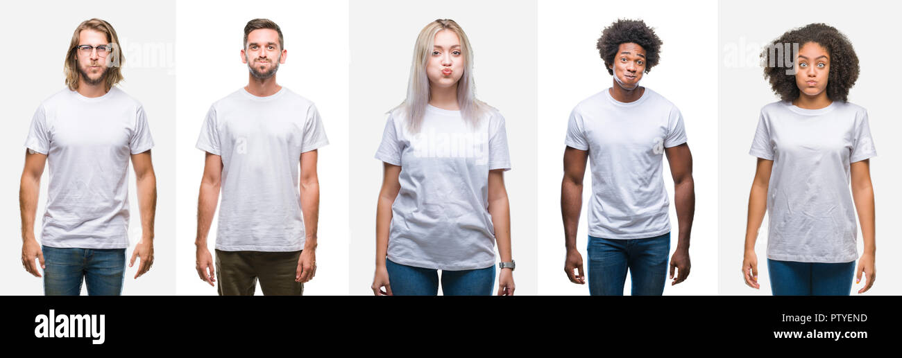 Collage of group of young people wearing white t-shirt over isolated ...