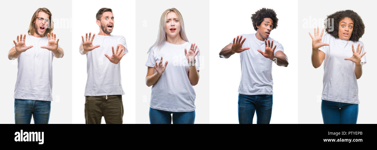 Collage of group of young people wearing white t-shirt over isolated ...