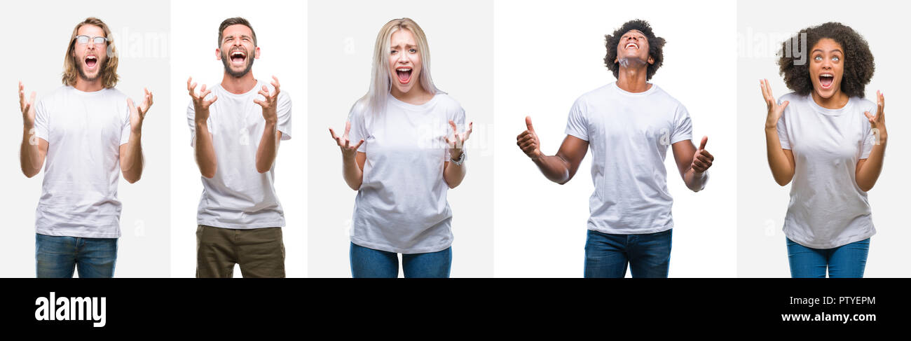 Collage of group of young people wearing white t-shirt over isolated ...