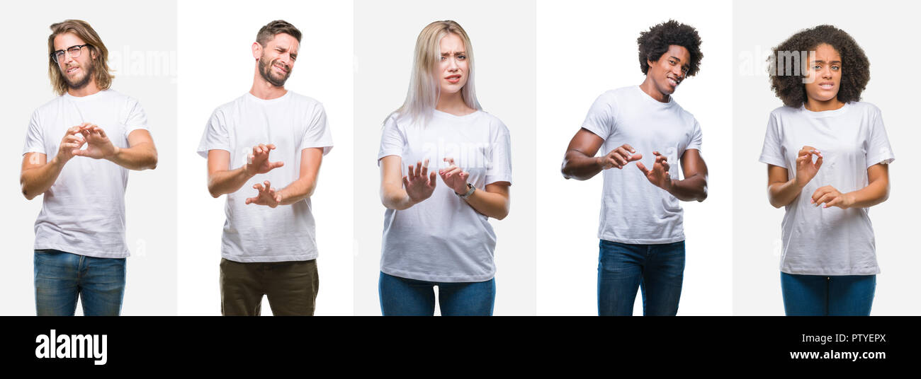 Collage of group of young people wearing white t-shirt over isolated ...