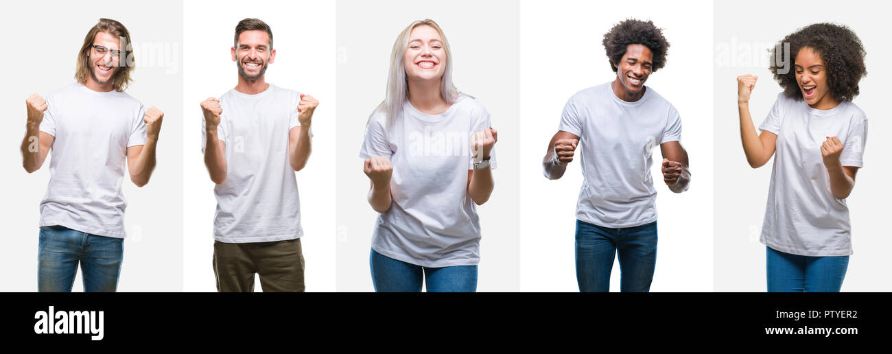 Collage of group of young people wearing white t-shirt over isolated ...