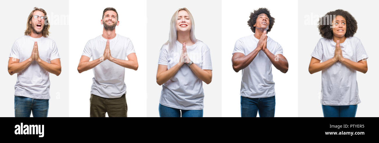 Collage of group of young people wearing white t-shirt over isolated ...