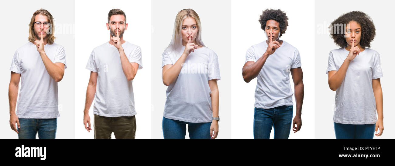 Collage of group of young people wearing white t-shirt over isolated ...