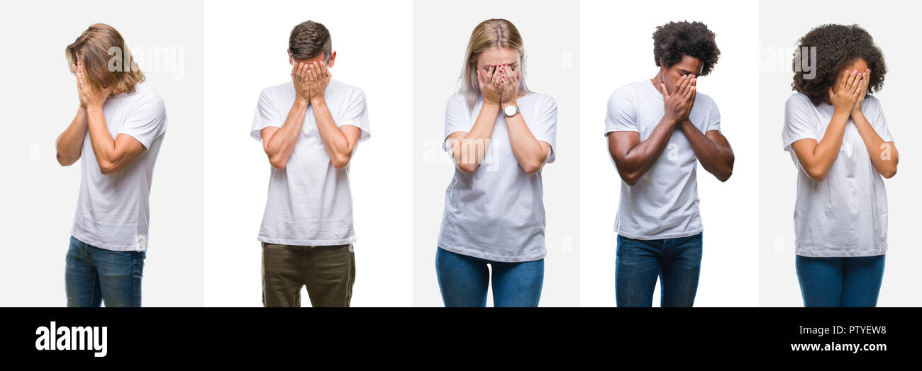 Collage of group of young people wearing white t-shirt over isolated ...