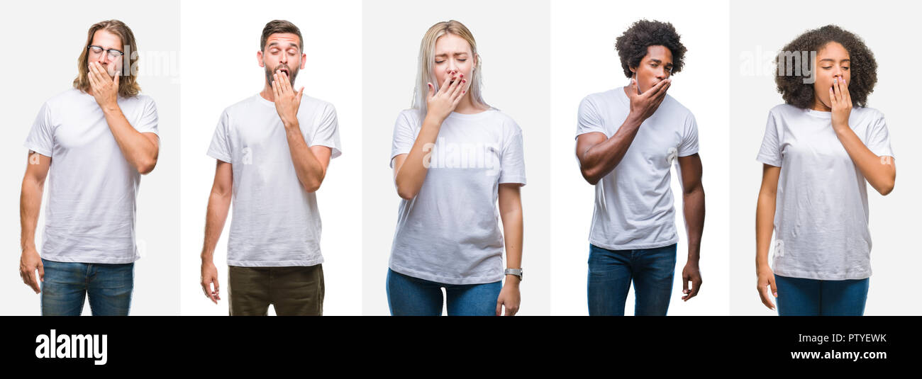 Collage of group of young people wearing white t-shirt over isolated ...