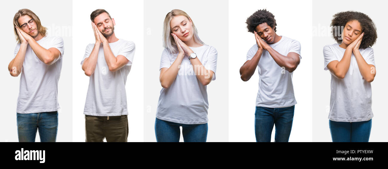 Collage of group of young people wearing white t-shirt over isolated ...