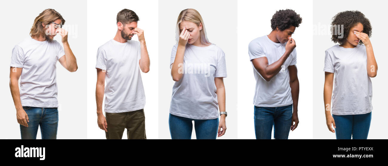 Collage of group of young people wearing white t-shirt over isolated ...