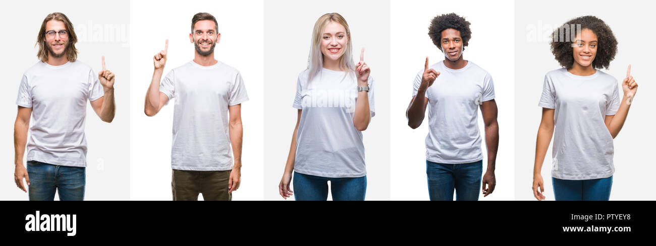 Collage of group of young people wearing white t-shirt over isolated ...