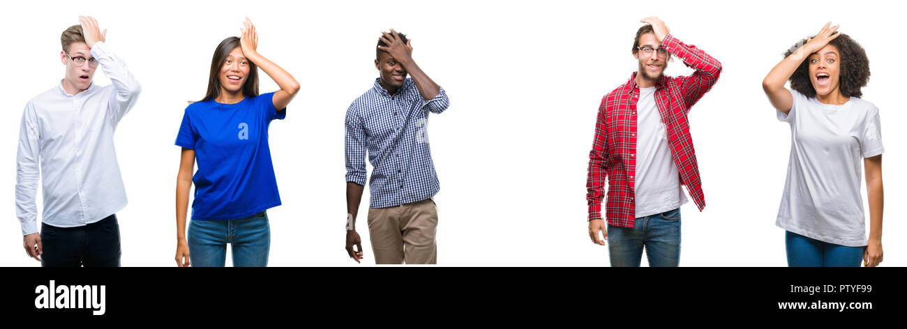 Collage of group of young asian, caucasian, african american people ...