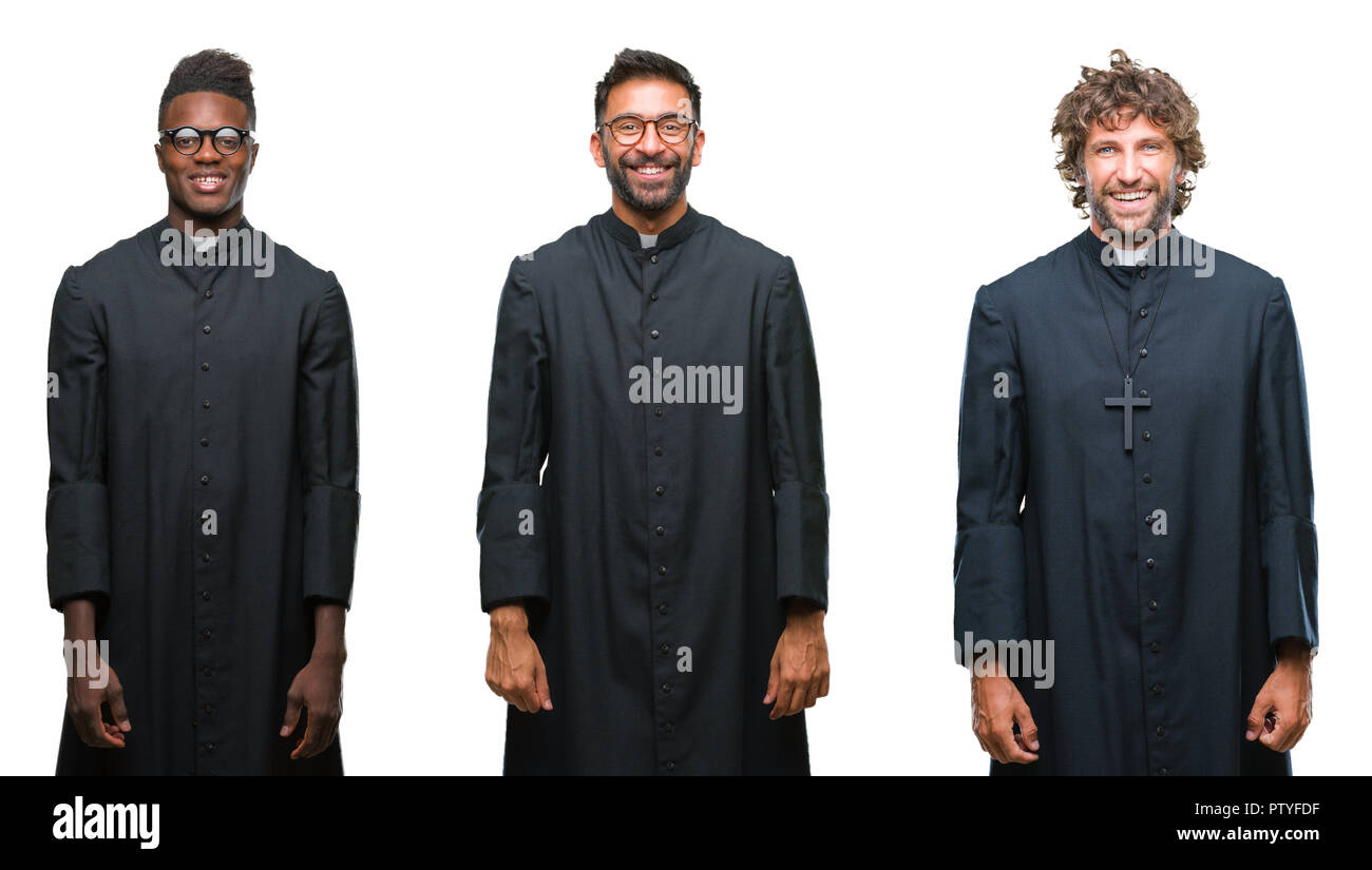 Collage of christian priest men over isolated background with a happy ...