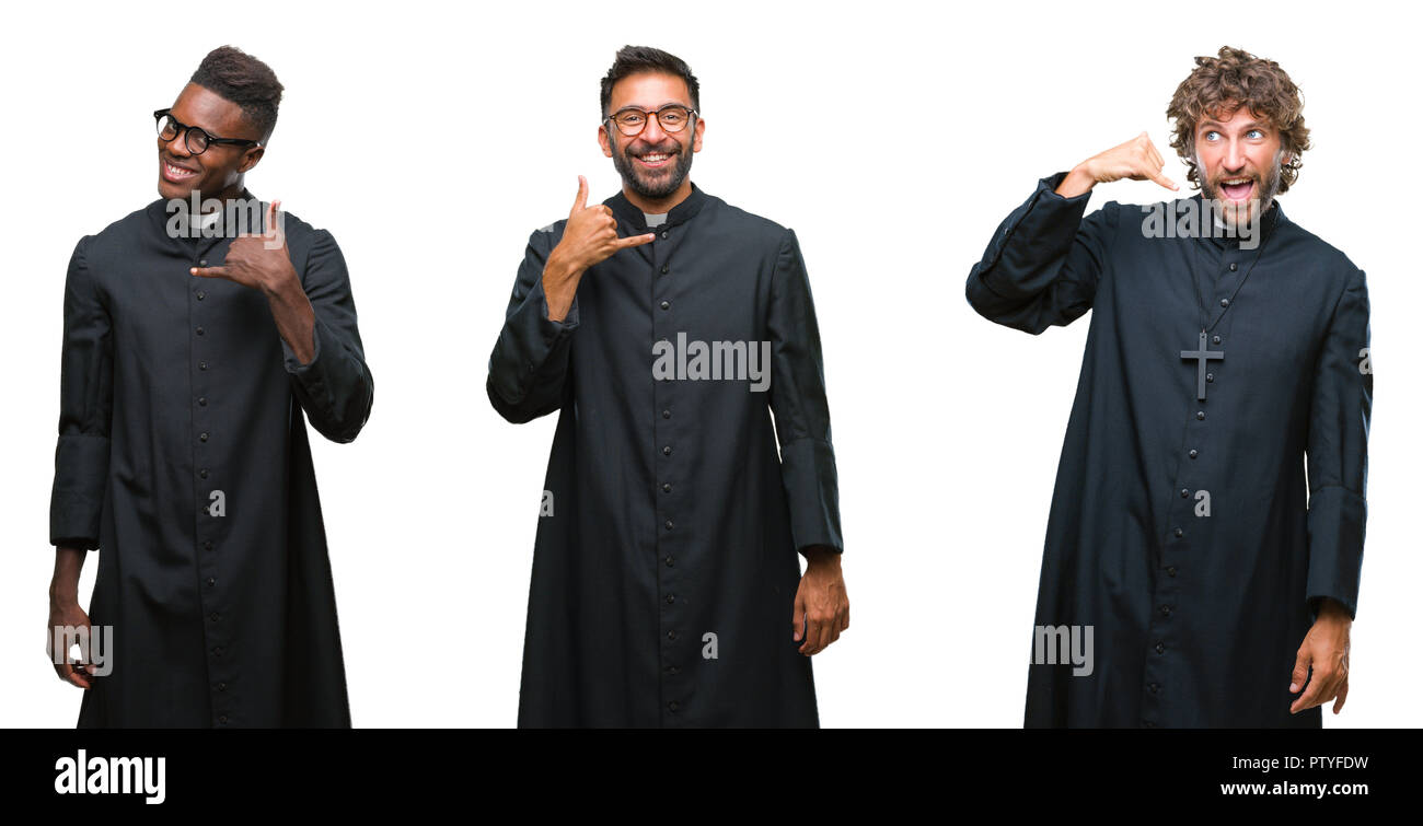 Collage of christian priest men over isolated background smiling doing ...
