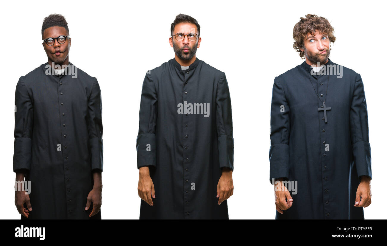 Collage of christian priest men over isolated background making fish ...