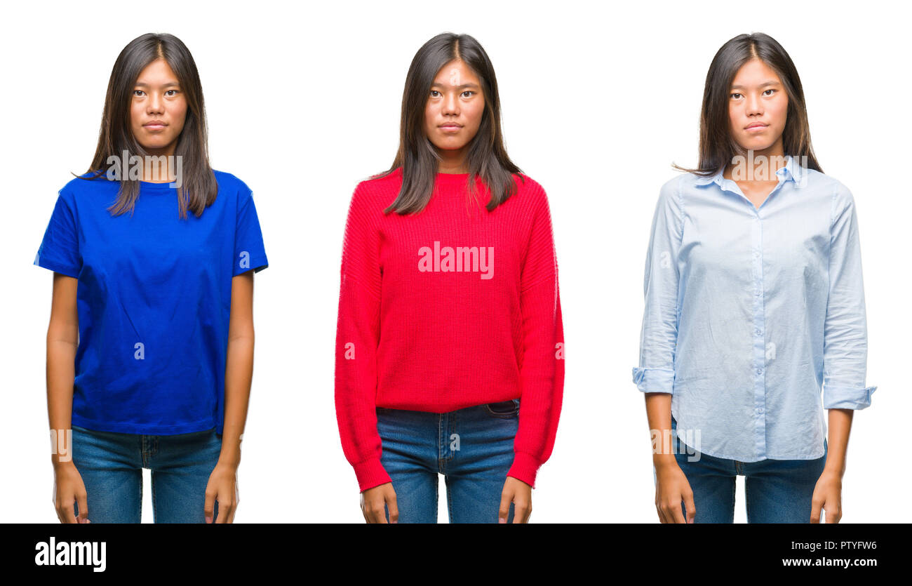 Collage of asian young woman standing over white isolated background ...
