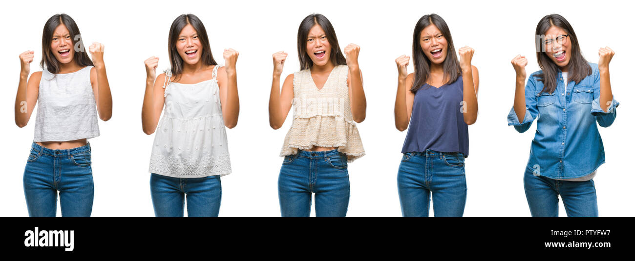 Collage of asian young woman standing over white isolated background ...