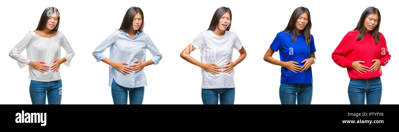 Composition of chinese asian woman over isolated background with hand ...