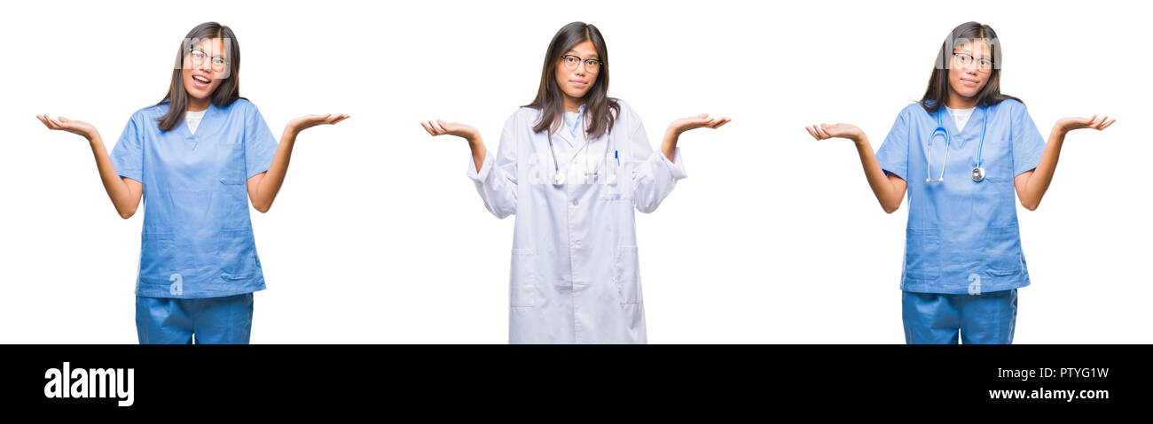 Collage of asian young surgeon doctor or nurse woman standing over ...