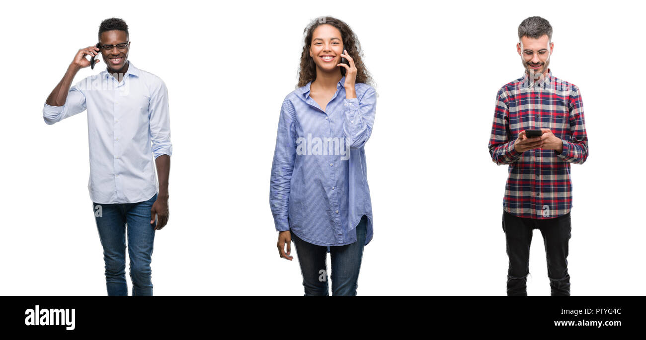 Collage of young people talking and texting using smartphone over ...
