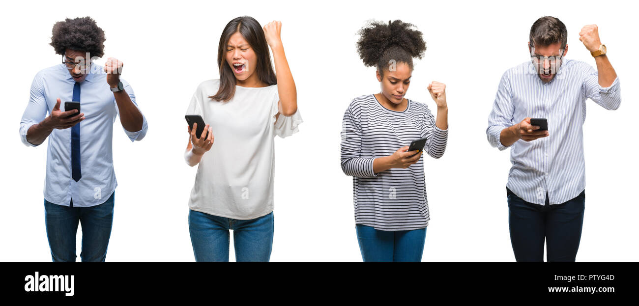 Collage of people texting sending message using smartphone over ...