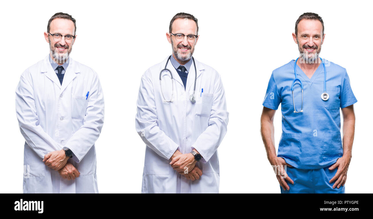 Collage of handsome senior hoary doctor man wearing surgeon uniform ...