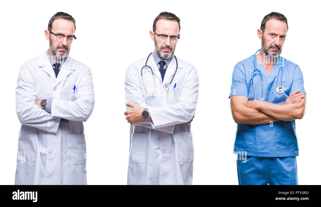 Collage of handsome senior hoary doctor man wearing surgeon uniform ...
